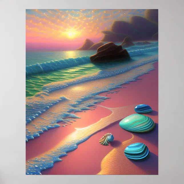 Ocean Beach Scene Seashells fantasy Art Poster | Zazzle