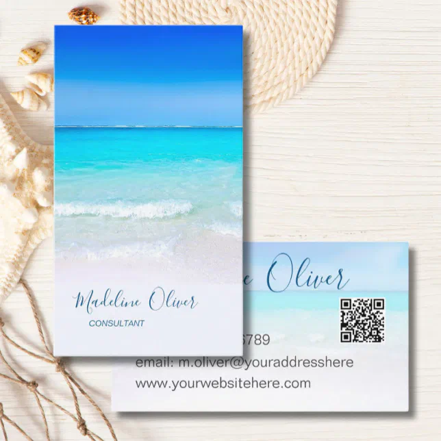 Ocean Beach Sea QR Code Travel Spa Aqua Blue Business Card | Zazzle