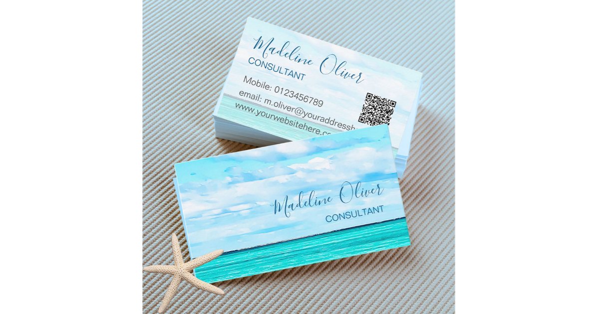 Ocean Beach Sea Travel QR Code Aqua Blue Stylish Business Card | Zazzle