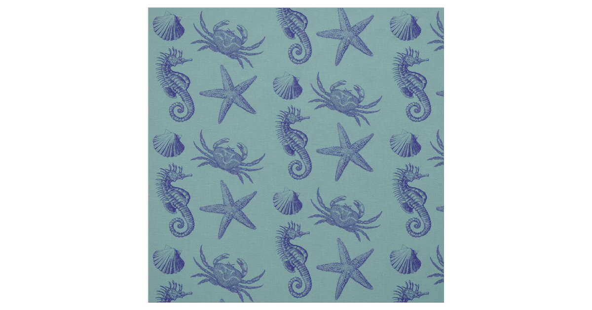 Ocean Beach Seahorse Starfish Crab & Shell Pattern Fabric | Zazzle