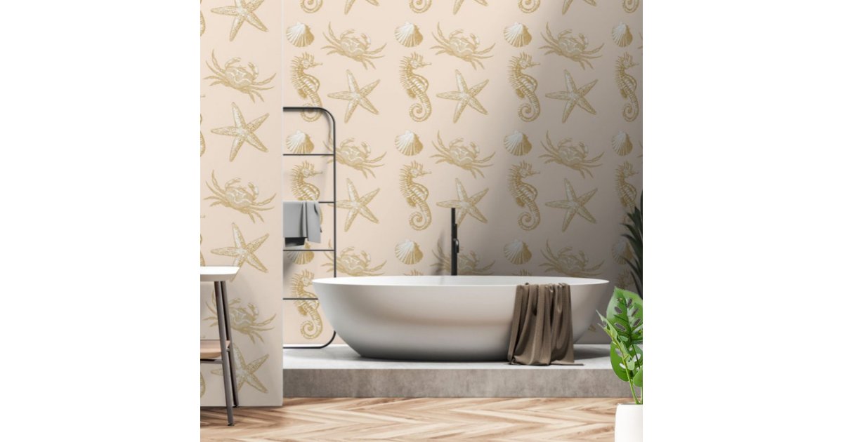 Ocean Beach Seahorse Starfish Crab & Shell Pattern Wallpaper | Zazzle