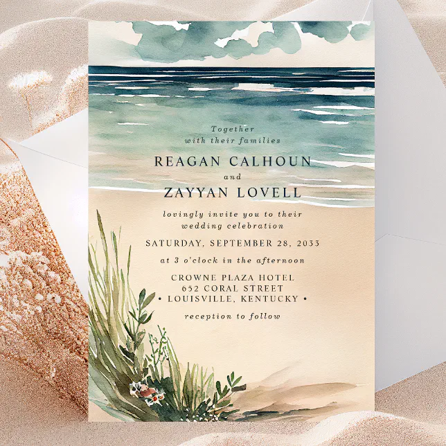 Ocean Beach Seascape Watercolor Wedding Invitation | Zazzle