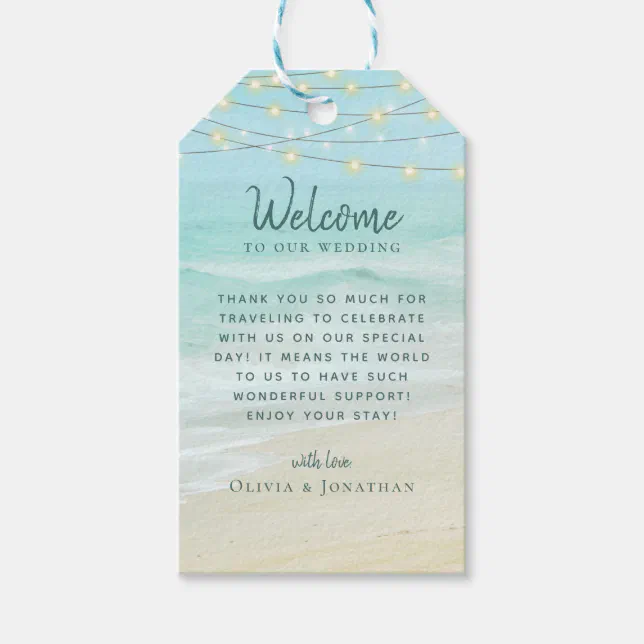 Ocean Beach String Lights Wedding Welcome Gift Tags | Zazzle