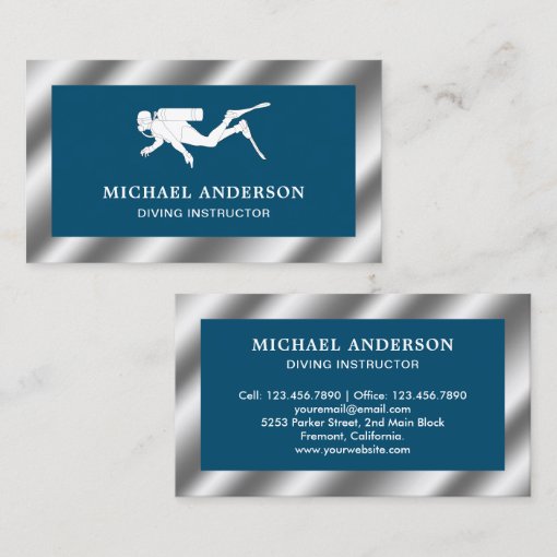 Ocean Blue Metallic Steel Scuba Diving Instructor Business Card | Zazzle