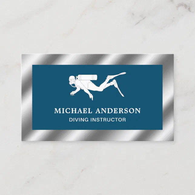 Ocean Blue Metallic Steel Scuba Diving Instructor Business Card | Zazzle