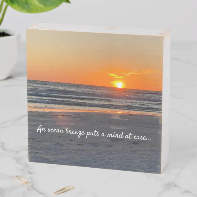 Ocean Breeze Quote With Beautiful Sunset Wooden Box Sign | Zazzle