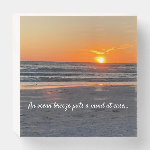 Ocean Breeze Quote With Beautiful Sunset Wooden Box Sign | Zazzle