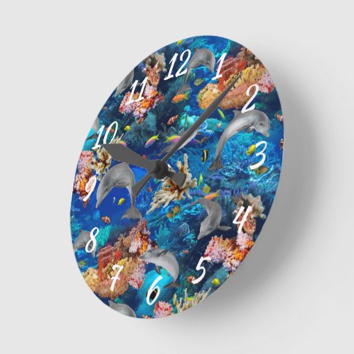 Ocean Dolphins Swimming Around Coral Reef Round Clock | Zazzle