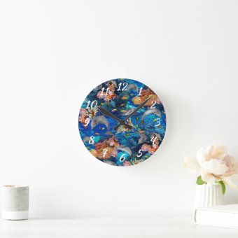 Ocean Dolphins Swimming Around Coral Reef Round Clock | Zazzle