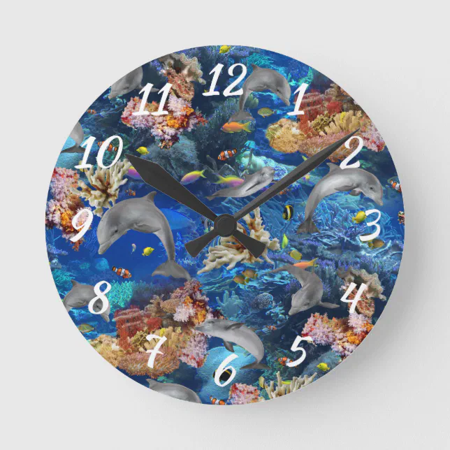 Ocean Dolphins Swimming Around Coral Reef Round Clock | Zazzle