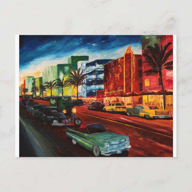 Ocean Drive Miami With Mint Cadillac Postcard | Zazzle