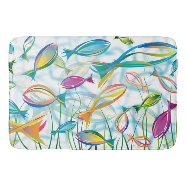 Ocean Fish Swimming Blue Modern Illustration Bath Mat | Zazzle