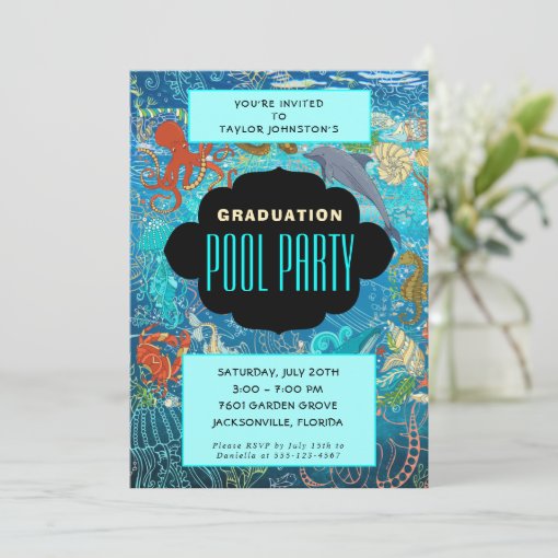 Ocean Marine Life Graduation Swimming Pool Party Invitation | Zazzle