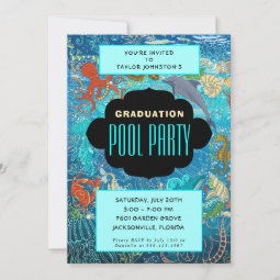Ocean Marine Life Graduation Swimming Pool Party Invitation | Zazzle