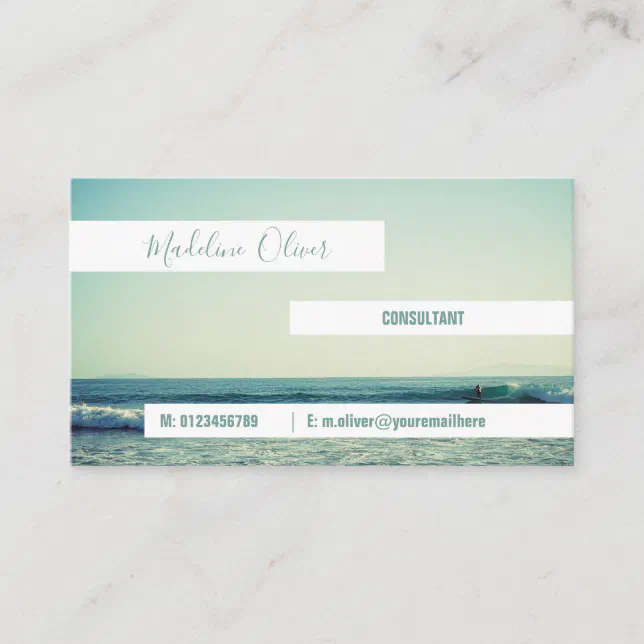 Ocean Sea Blue Waves Beach Modern White Business Card | Zazzle