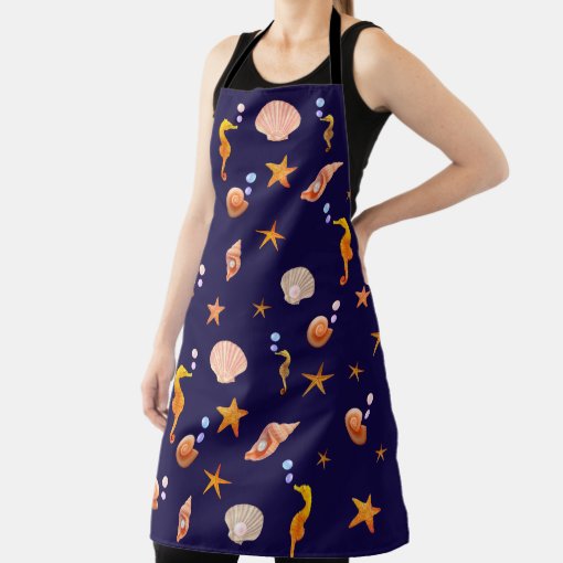 Ocean sea horses, sea shells & pearls on navy blue apron | Zazzle