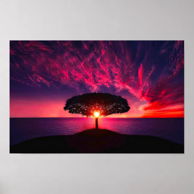 Ocean Sea Tree Purple Sunset Add Name Poster | Zazzle