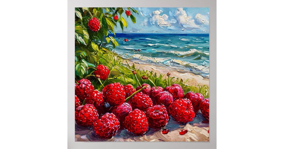 Ocean seascape and raspberries poster | Zazzle