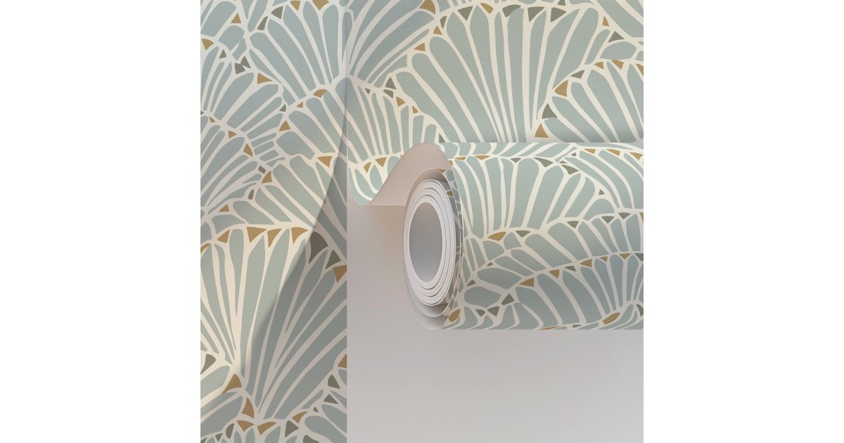 Ocean Shell Fan Art Deco in Soft Blue & Gold Wallpaper | Zazzle