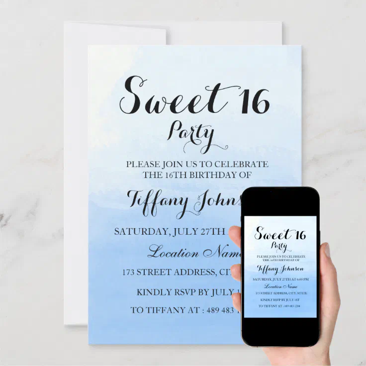 Ocean Sky Blue Ombre Pastel Sweet 16 Invitation | Zazzle
