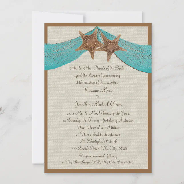Ocean Starfish and Net Wedding Invitation | Zazzle
