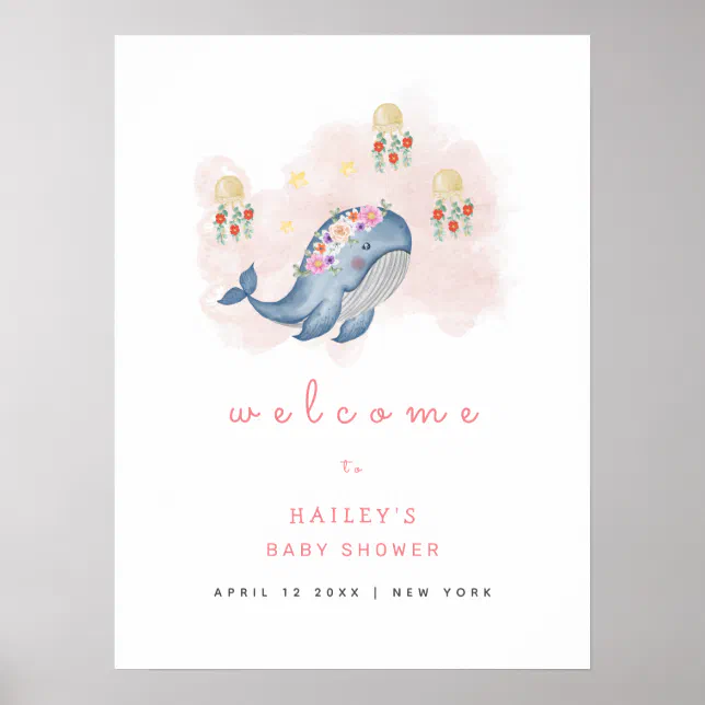 Ocean Sweet Whale Floral Baby Shower Welcome Poster | Zazzle