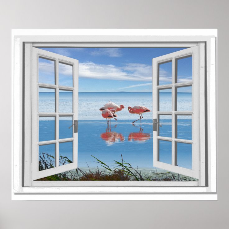 Ocean View Fake Window With Flamingos On Beach Poster | Zazzle