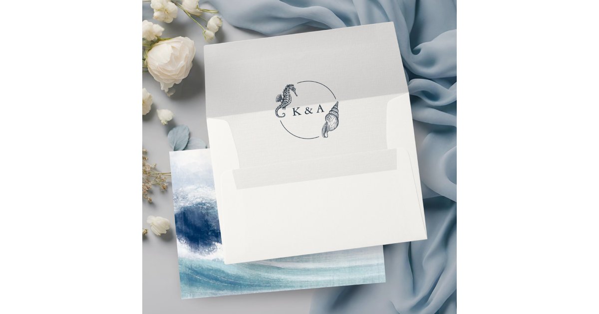 Ocean Wave Nautical Monogram Blue Wedding Envelope | Zazzle