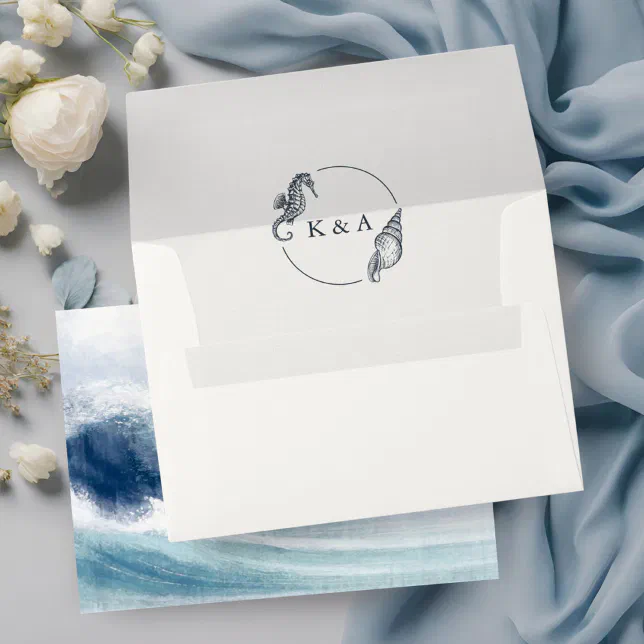 Ocean Wave Nautical Monogram Blue Wedding Envelope | Zazzle