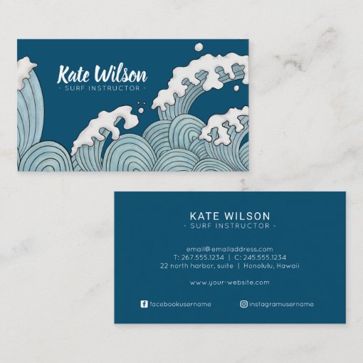 Ocean wave pattern indigo blue water sport business card | Zazzle
