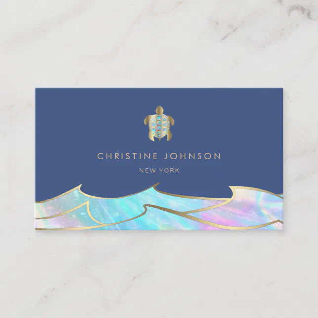 ocean waves and sea turtle logo on blue business card | Zazzle
