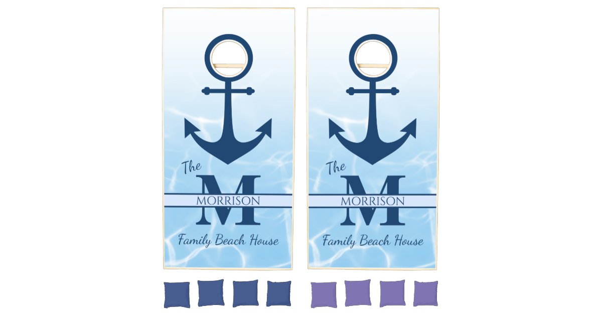 Ocean Waves Monogram Beach House Anchor Family Cornhole Set | Zazzle