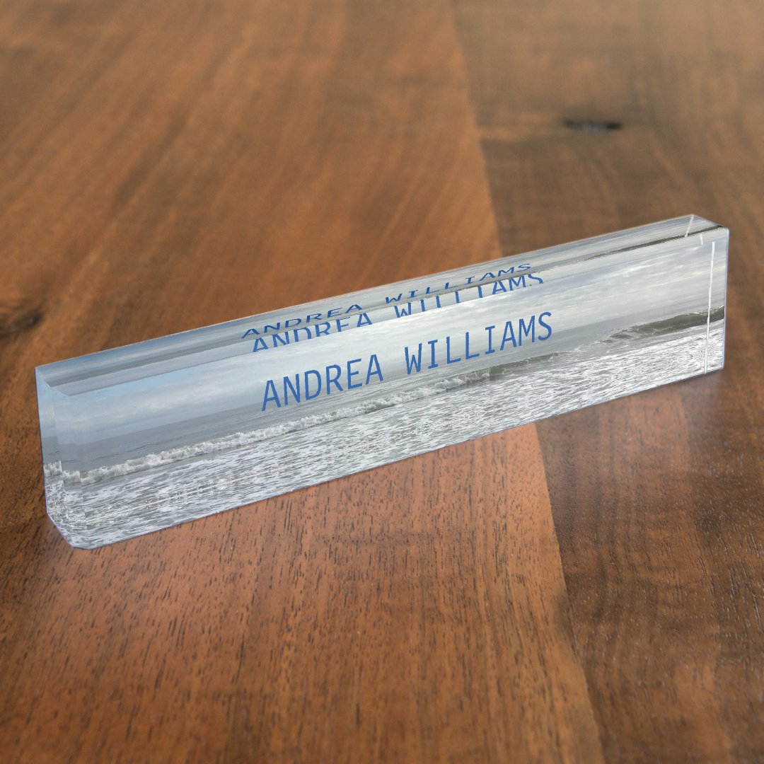 Ocean Waves Monogram Name Blue Grey Water Beach Desk Name Plate | Zazzle