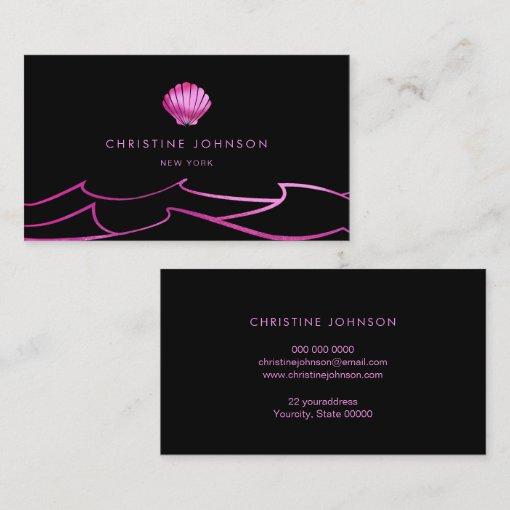 ocean waves neon pink seashell business card | Zazzle