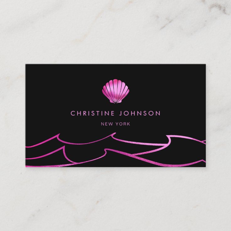ocean waves neon pink seashell business card | Zazzle