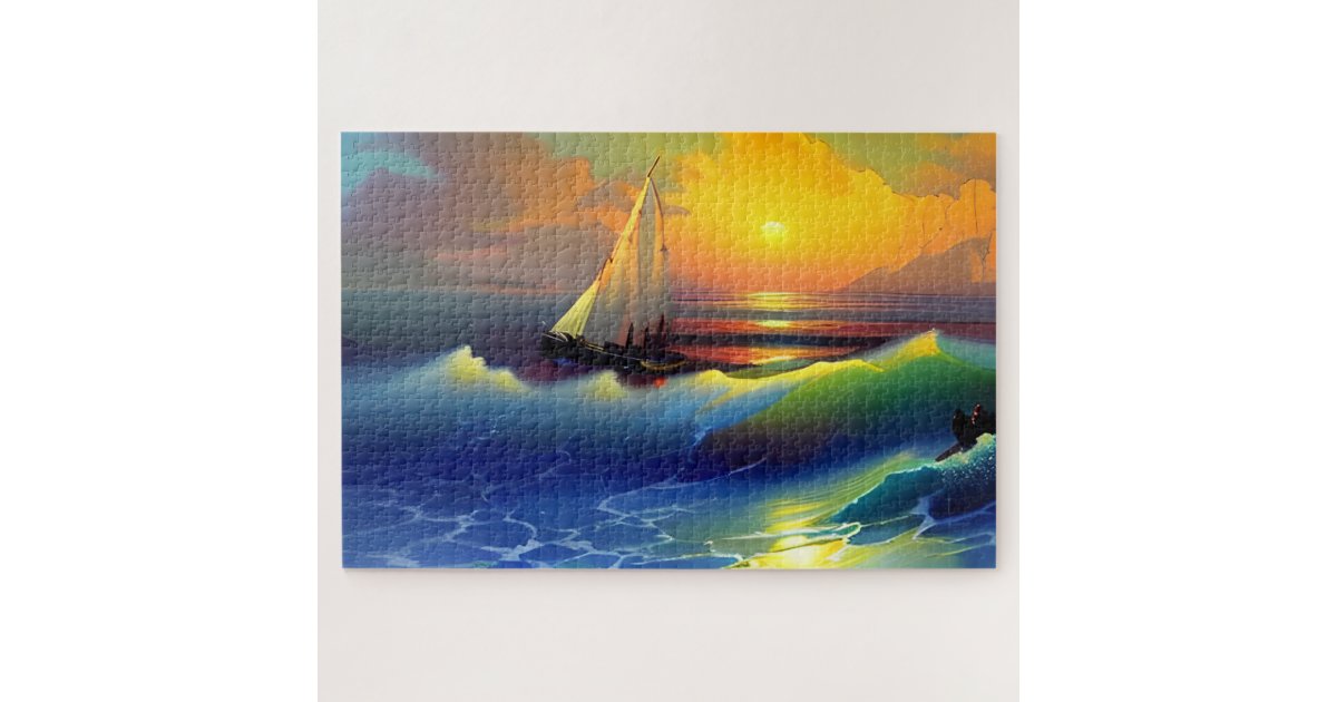 Ocean Waves, Sailboat and Sunset Reflection Jigsaw Puzzle | Zazzle