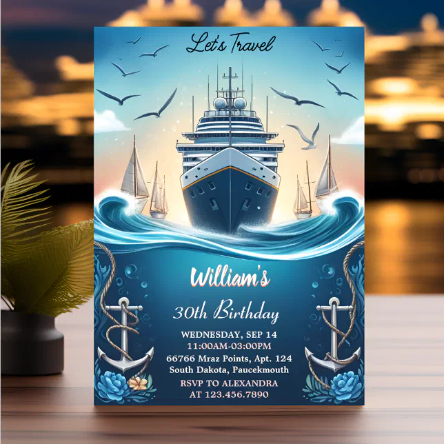 Ocean Waves Travel Anchor Yacht 30th Birthday Invitation | Zazzle