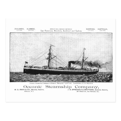 Oceanic Steamship Mariposa to Hawaii, 1890 Postcard | Zazzle