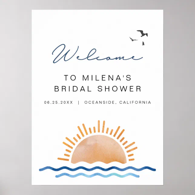 OCEANSIDE Beach Ocean Sunset Bridal Shower Welcome Poster | Zazzle