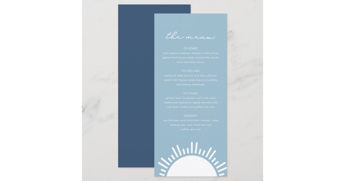 OCEANSIDE Dusty Light Blue Sun Ocean Themed Menu | Zazzle