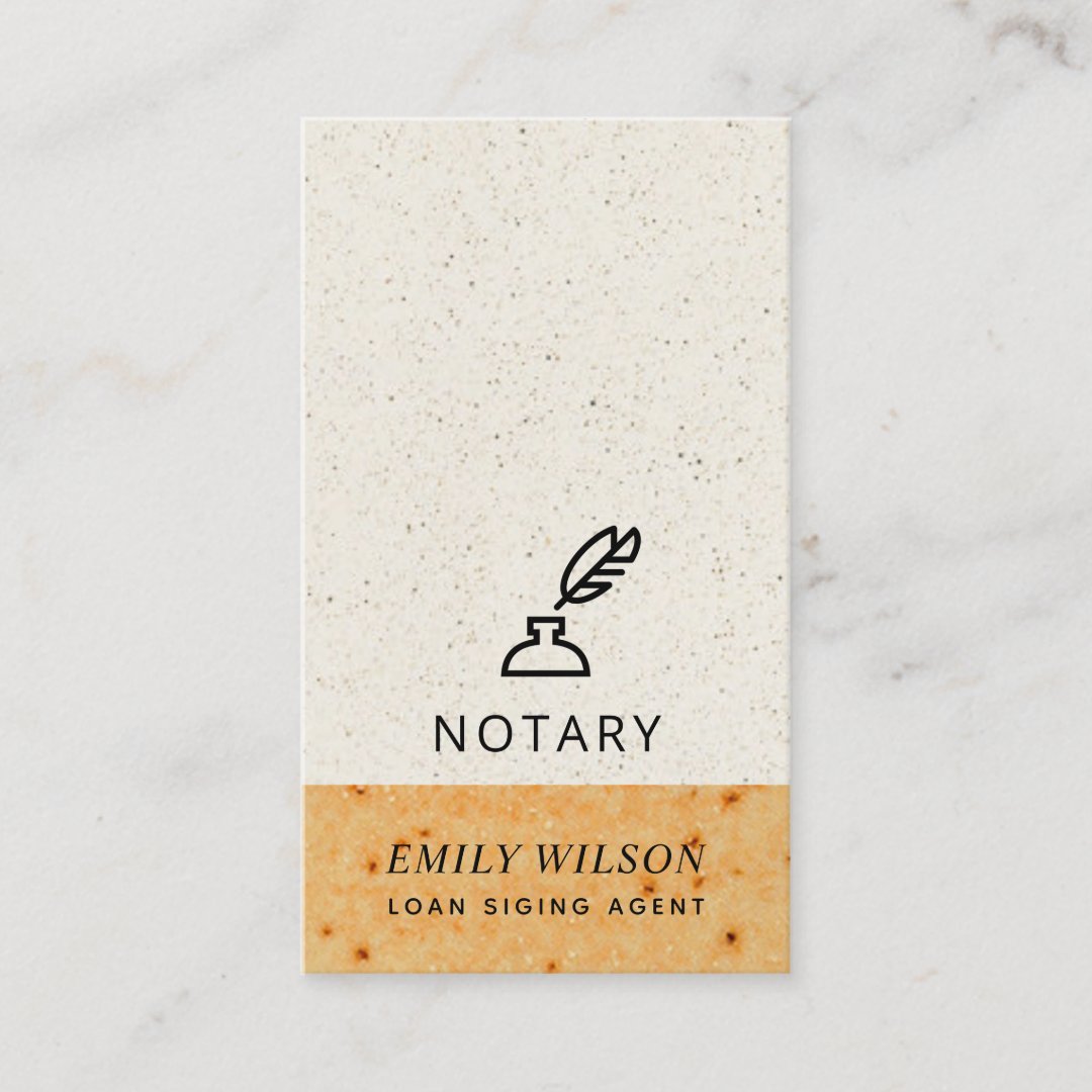 OCHRE CERAMIC GLAZED SPECKLED FEATHER NIB NOTARY BUSINESS CARD | Zazzle