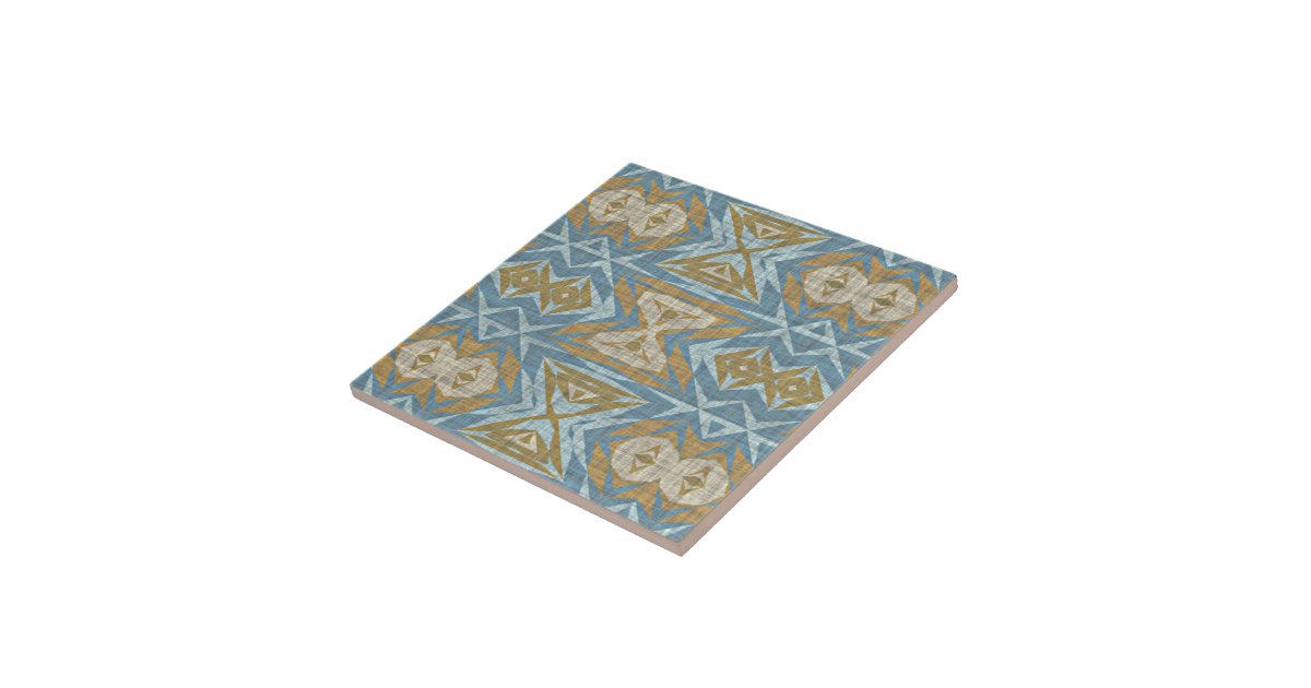 Ochre Mustard Beige Teal Blue Ethnic Tribe Art Tile | Zazzle