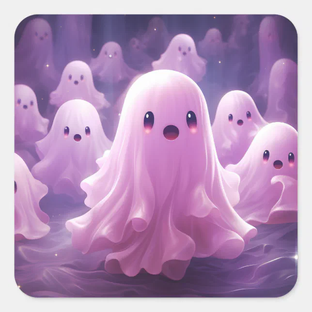 October 31st Happy Halloween Cute Pink Ghosts Square Sticker | Zazzle