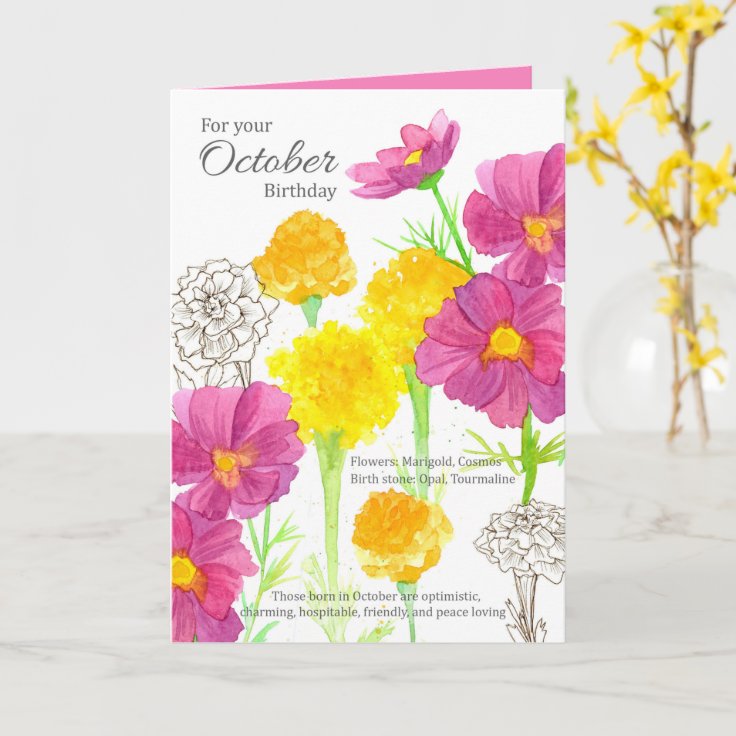 October Birthday Cosmos Marigold Birth Month Card | Zazzle