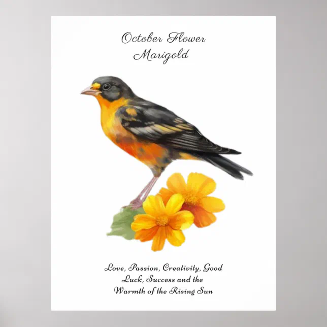 October Marigold Flower and Bird Birth Poster | Zazzle