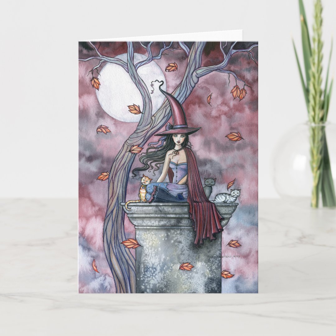 October Winds Halloween Witch Cat Moon Card | Zazzle