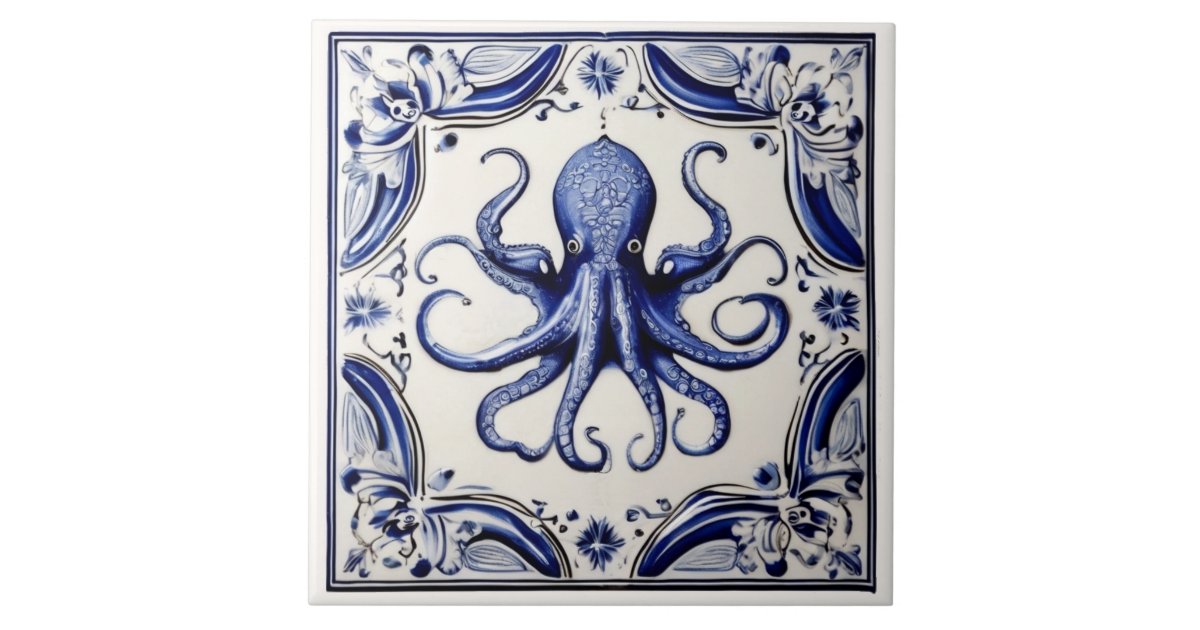 Octopus Blue and White Sea Ocean theme Beach House Ceramic Tile | Zazzle