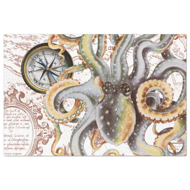 Octopus Burnt Orange Vintage Map Compass Nautica Tissue Paper | Zazzle