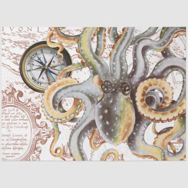 Octopus Burnt Orange Vintage Map Compass Nautica Tissue Paper | Zazzle