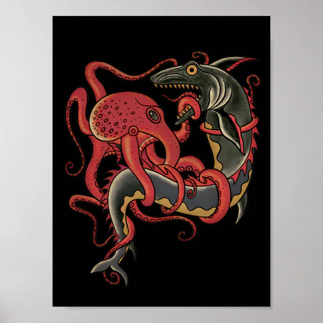 octopus fighting a shark poster | Zazzle